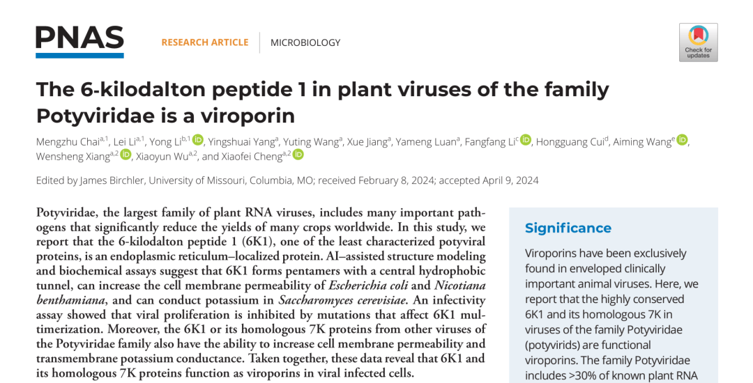 PNAS | 首次发现！东北农大首次在植物病毒中发现了病毒的孔蛋白，及在病毒侵染中的作用_研究_论文_团队