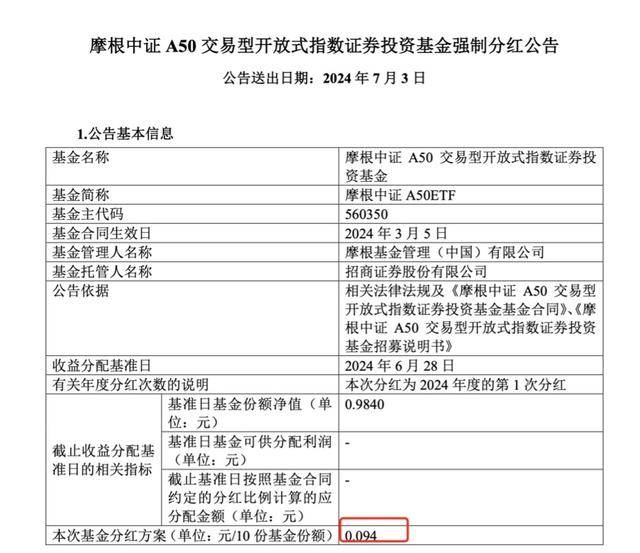 首只中证A50ETF履约分红，分红成为ETF大趋势，中证A500指数正呼之欲出_基金_摩根_市场