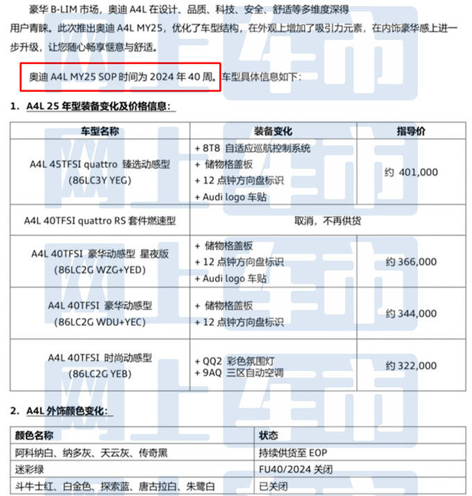 奥迪2025款A4L配置曝光！取消RS版 或10月上市_搜狐汽车_搜狐网